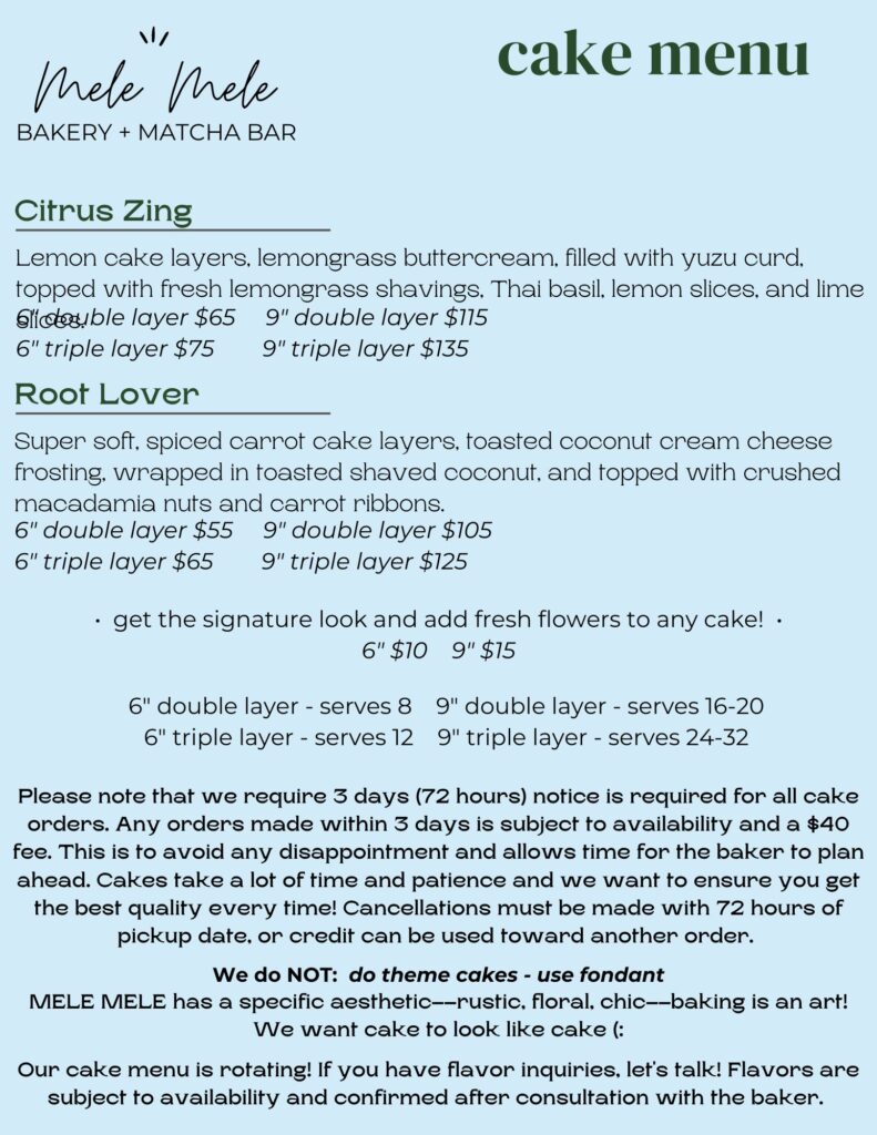 Cake Menu - MELE MELE BAKERY
